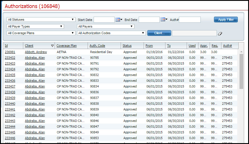 Display the Authorization List Page