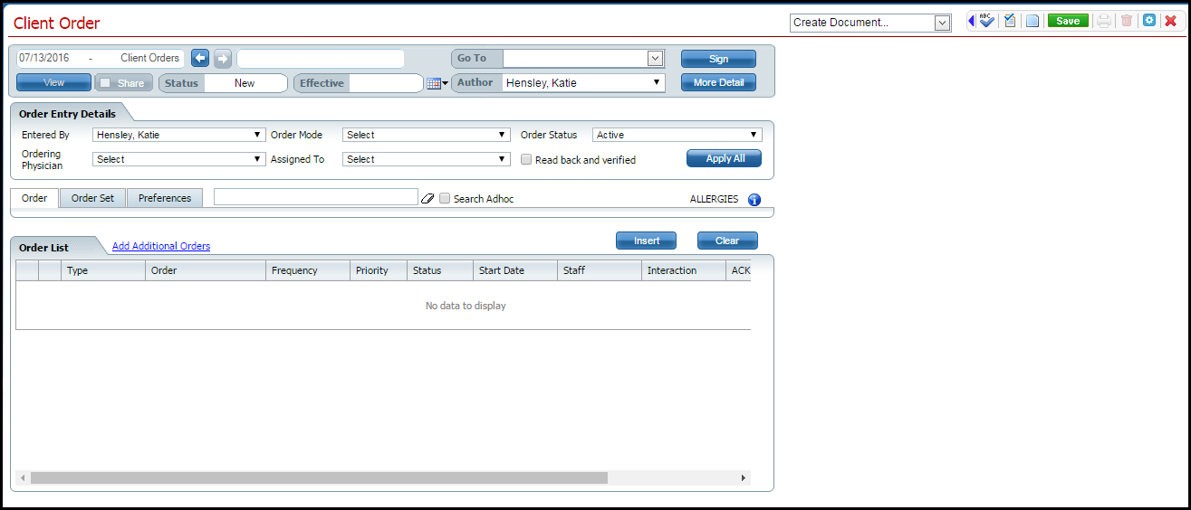 Create a New Order for a Client