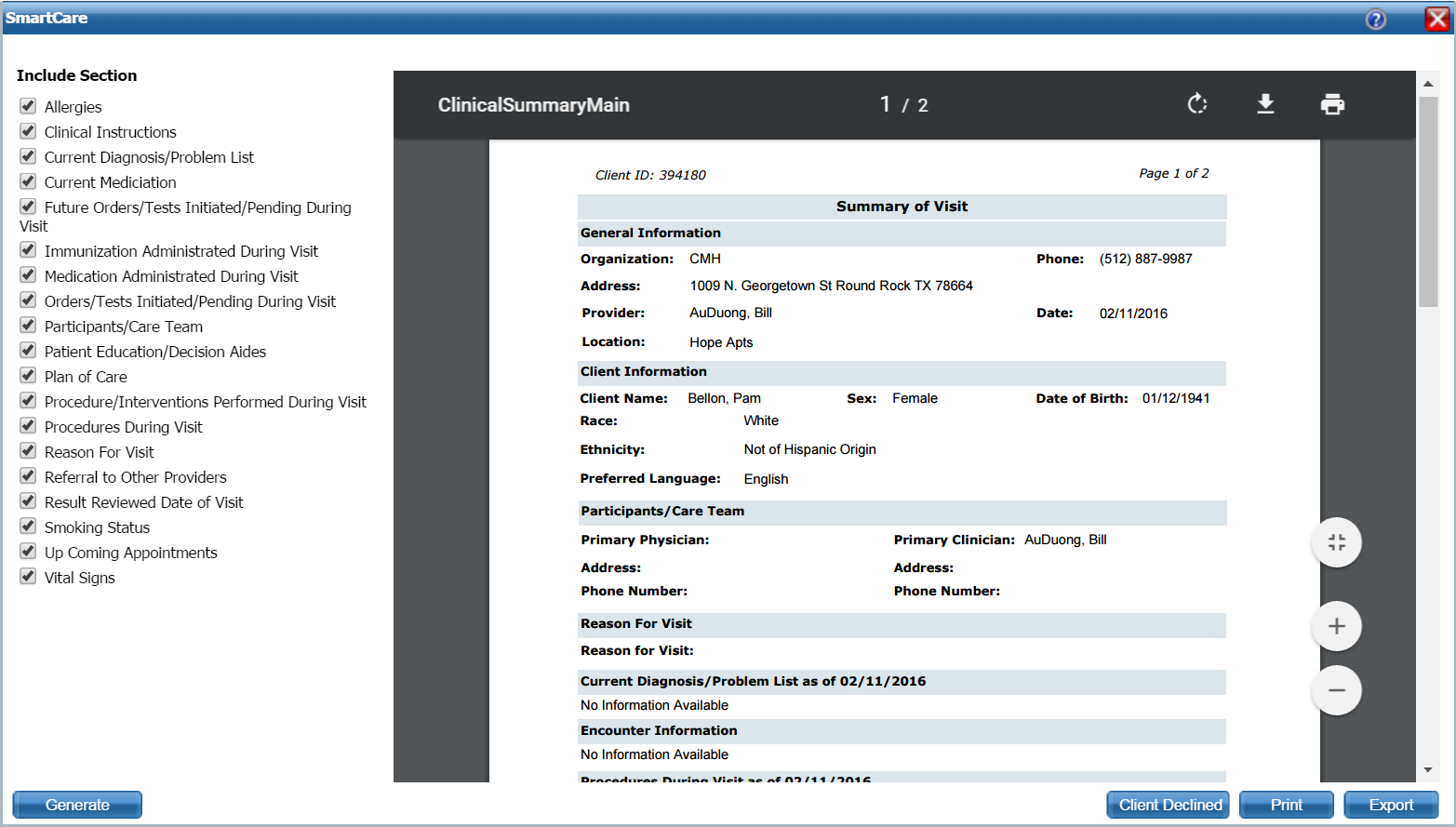 Print Clinical Summary